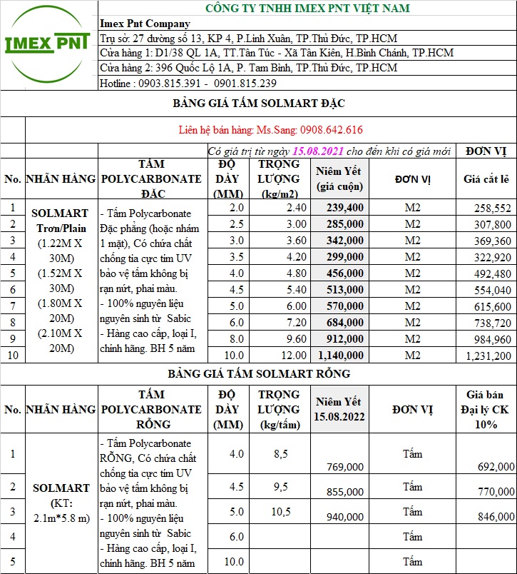 Bảng giá tấm nhựa lấy sáng Polycarbonate Solmart